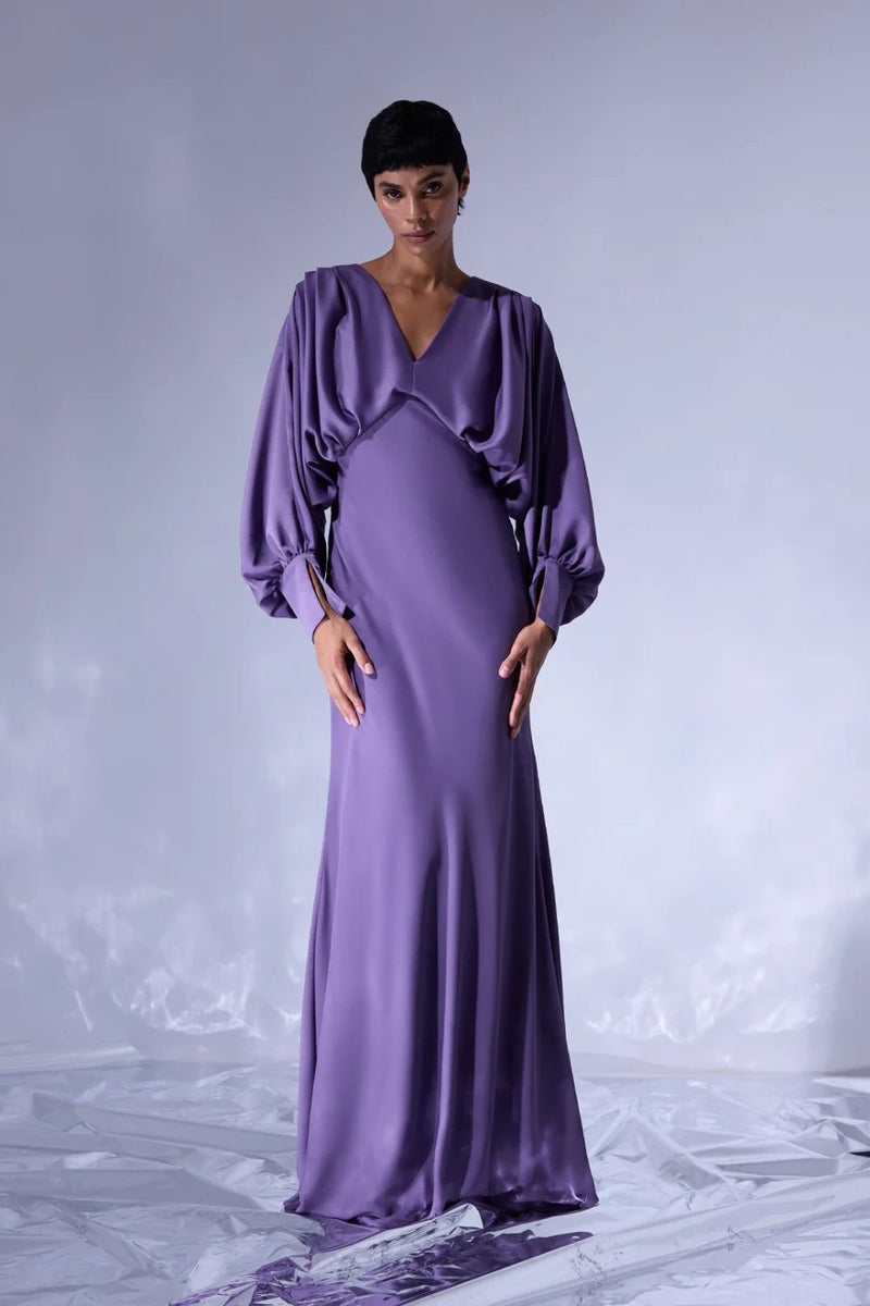 Nilgün Mirza Krep Saten V Yaka Taşlar İle Süslenmiş Uzun Elbise Elbise ...